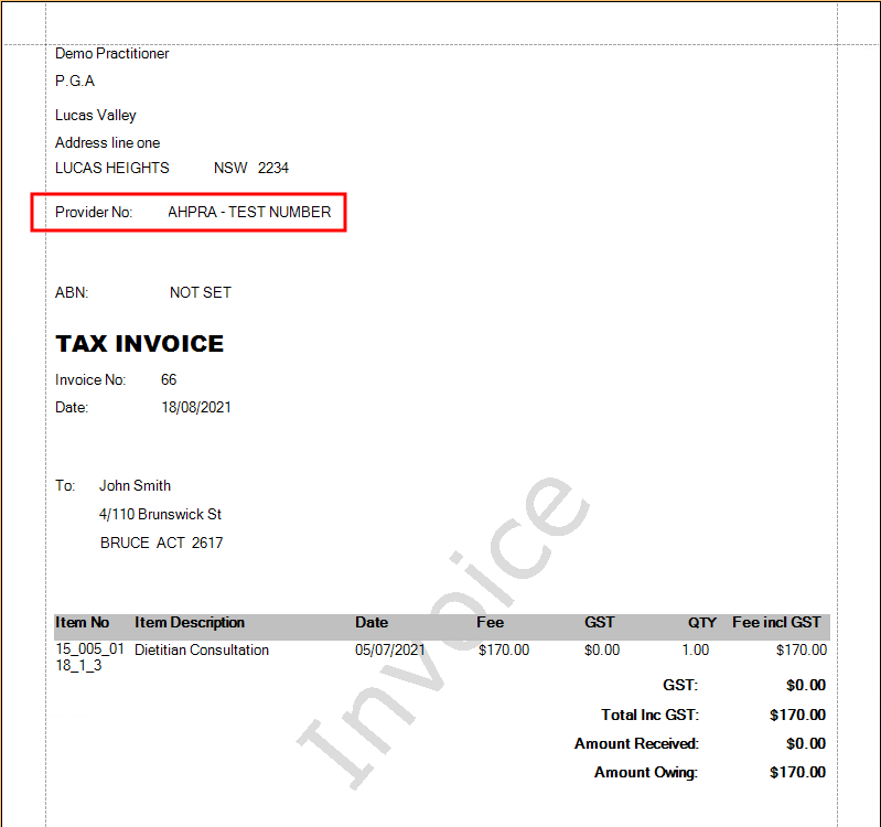 AHPRA Number in Invoice